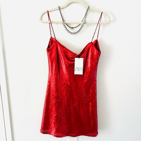 Zara | Dresses | Zara Red Sequin Mini Dress Strappy | Poshmark